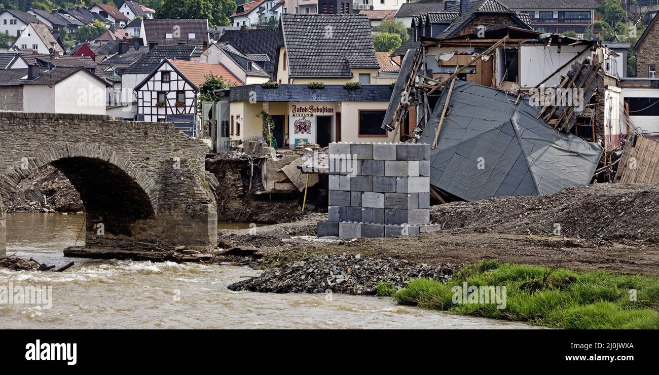 Destroyed Nepomuk bridge over the Ahr river, flood disaster 2021, Rech, Germany, Europe Stock ...