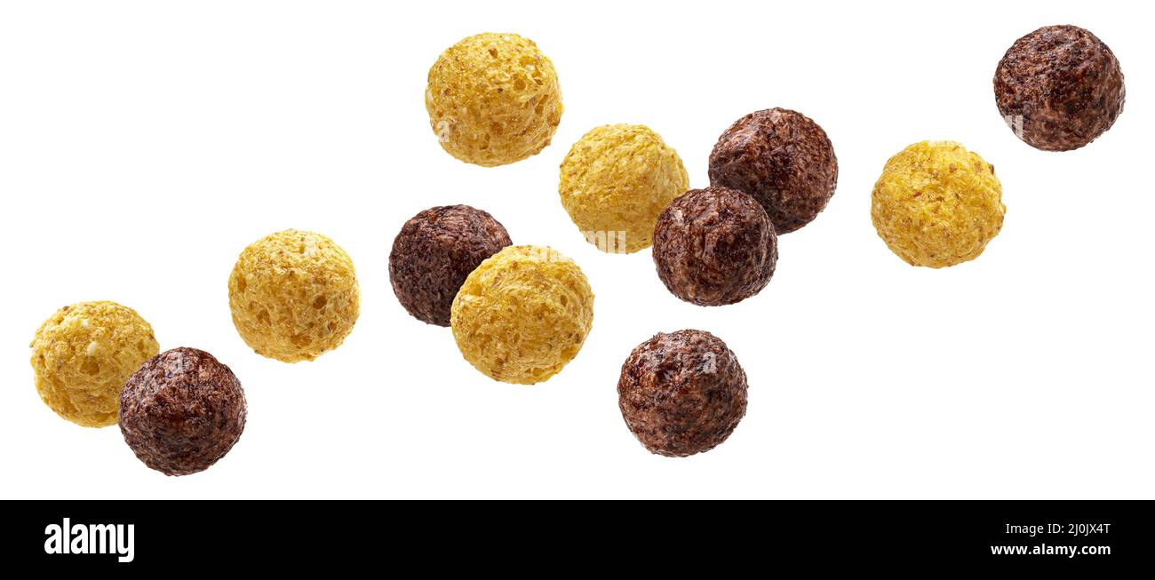 Falling chocolate corn balls isolated on white background Stock Photo ...