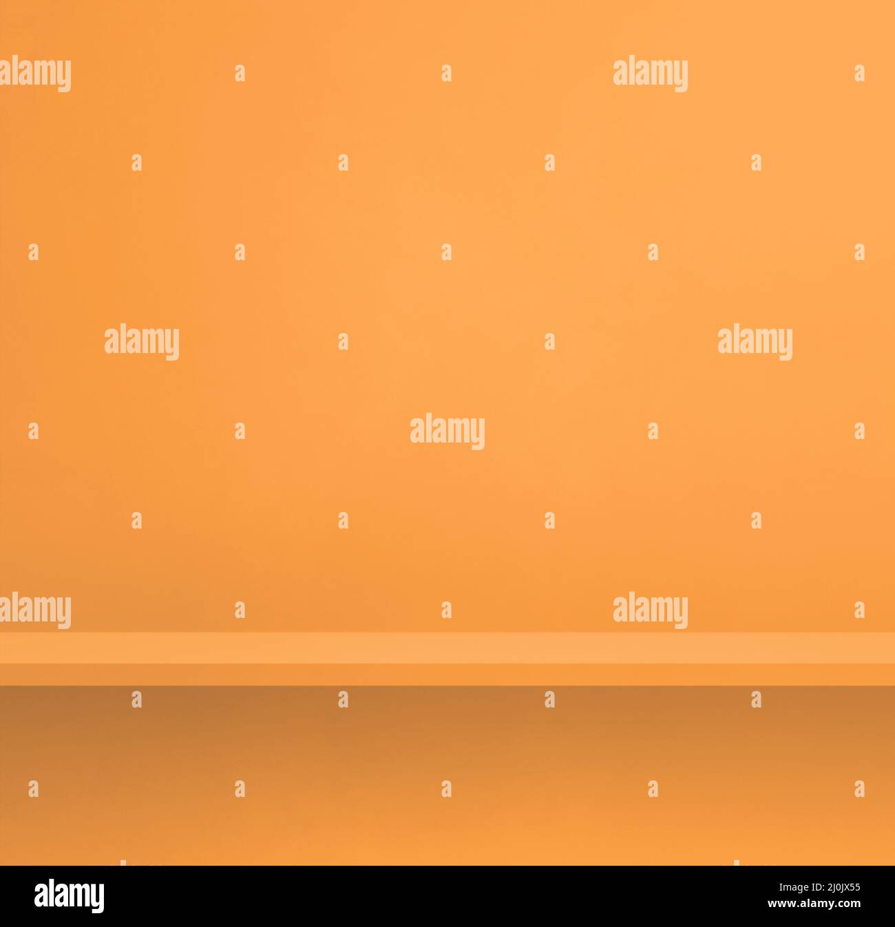 Empty shelf on light orange wall. Background template. Square banner ...