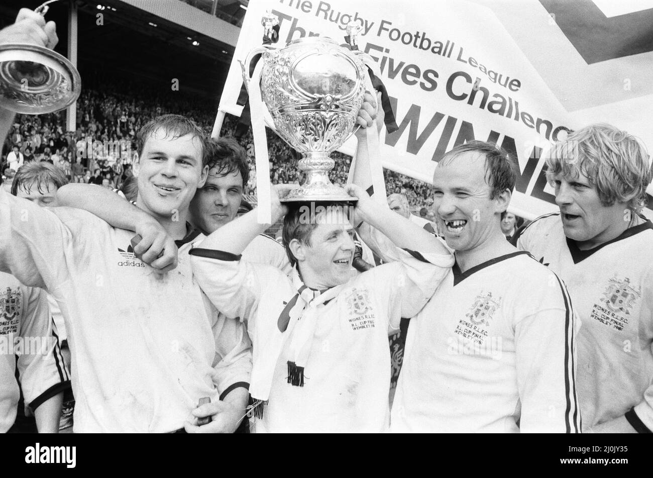 Widnes rugby league players celebrate, left to right Eddie Cunningham ...