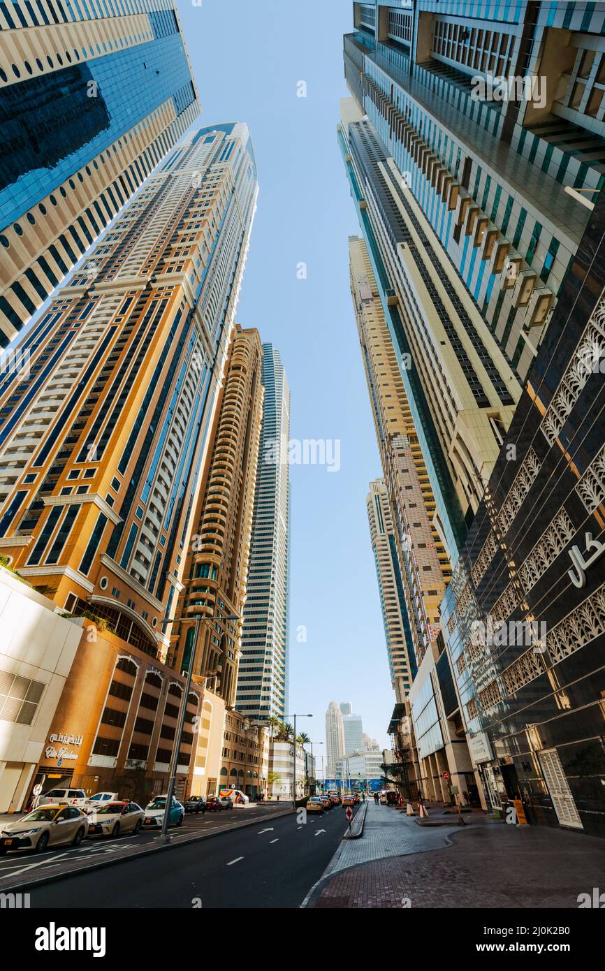 Modern luxury skyscrapers of Dubai Marina, United Arab Emirates. Middle ...