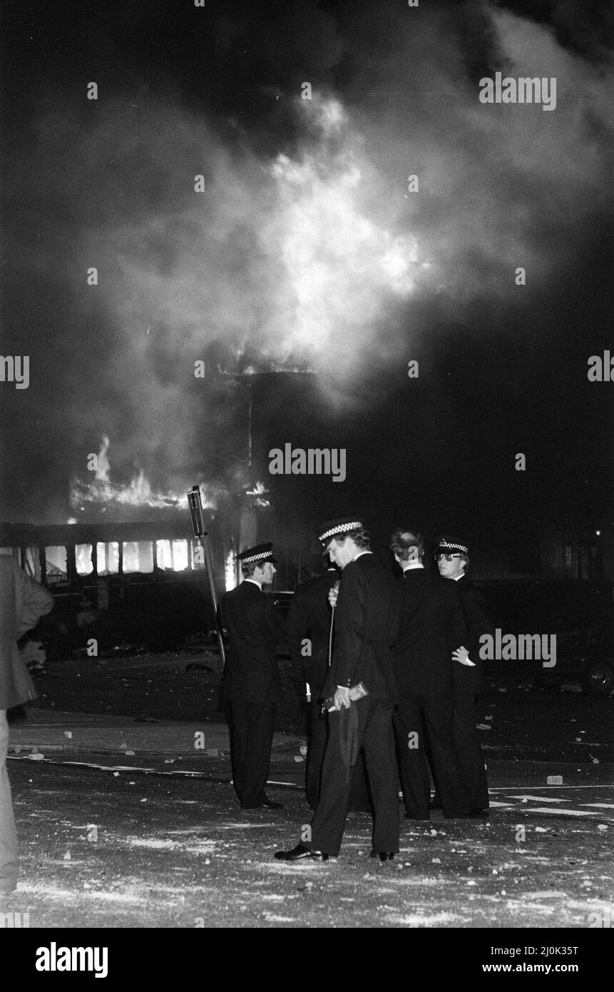Southall Riots General scene pictures with people, policemen, fire, and ...