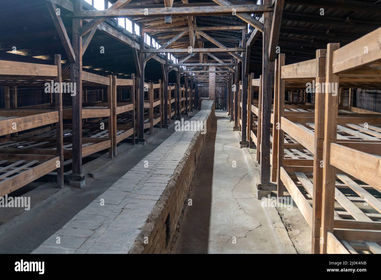 View of the interior of one of the wooden prisoner barracks in the ...