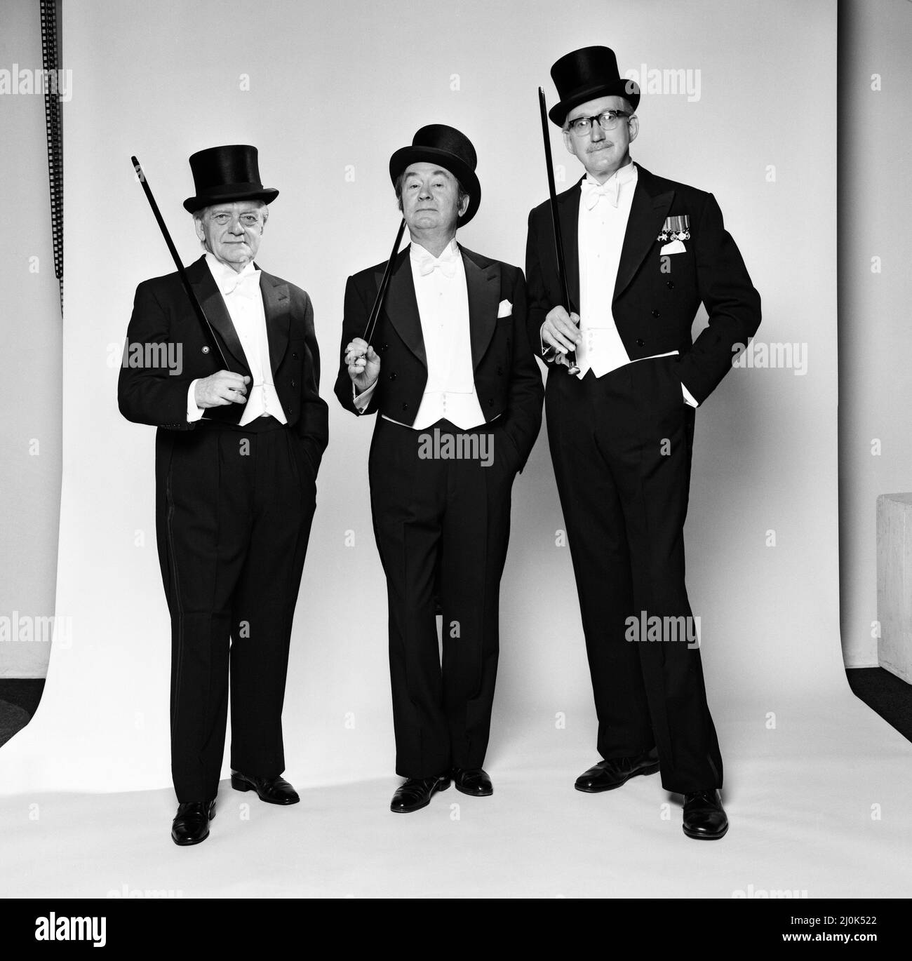 'Last of the Summer Wine' actors in top hats and tails. L-R Bill Owen ...
