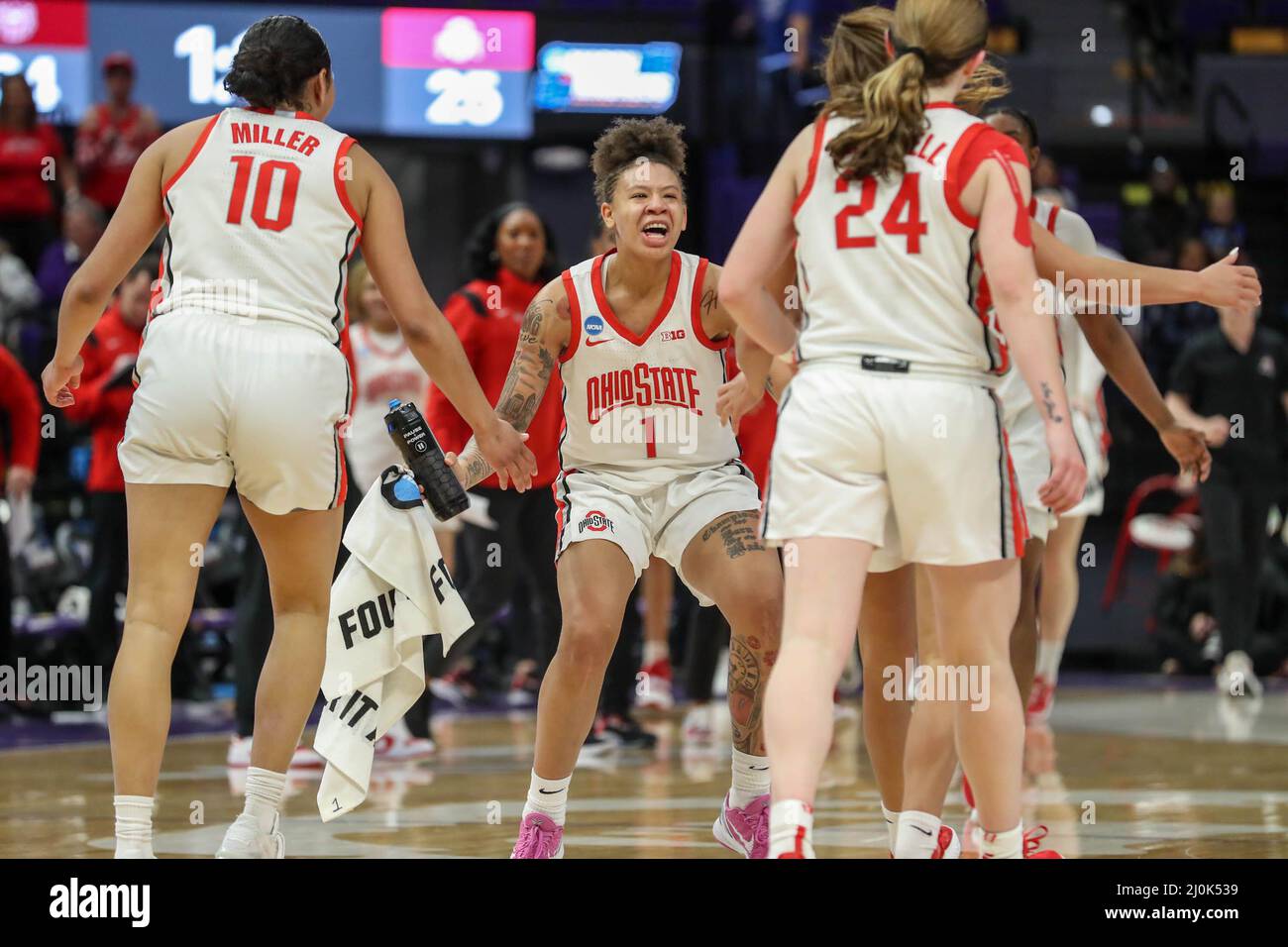 March 19, 2022: Ohio St. Rikki Harris (1) celebrates at a timeout with ...
