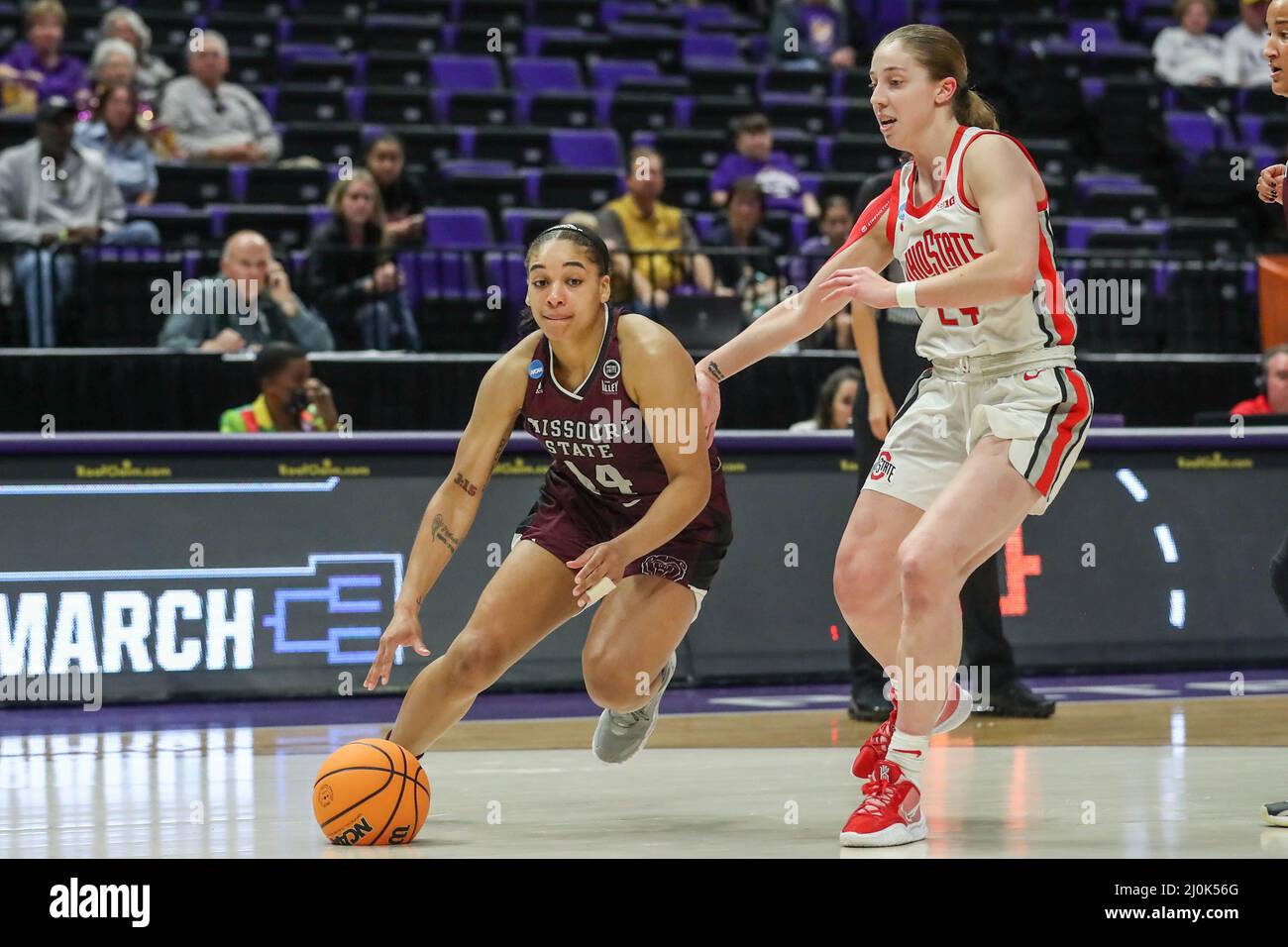 March 19, 2022: Missouri St. Mariah White (14) tries to drive the ball ...