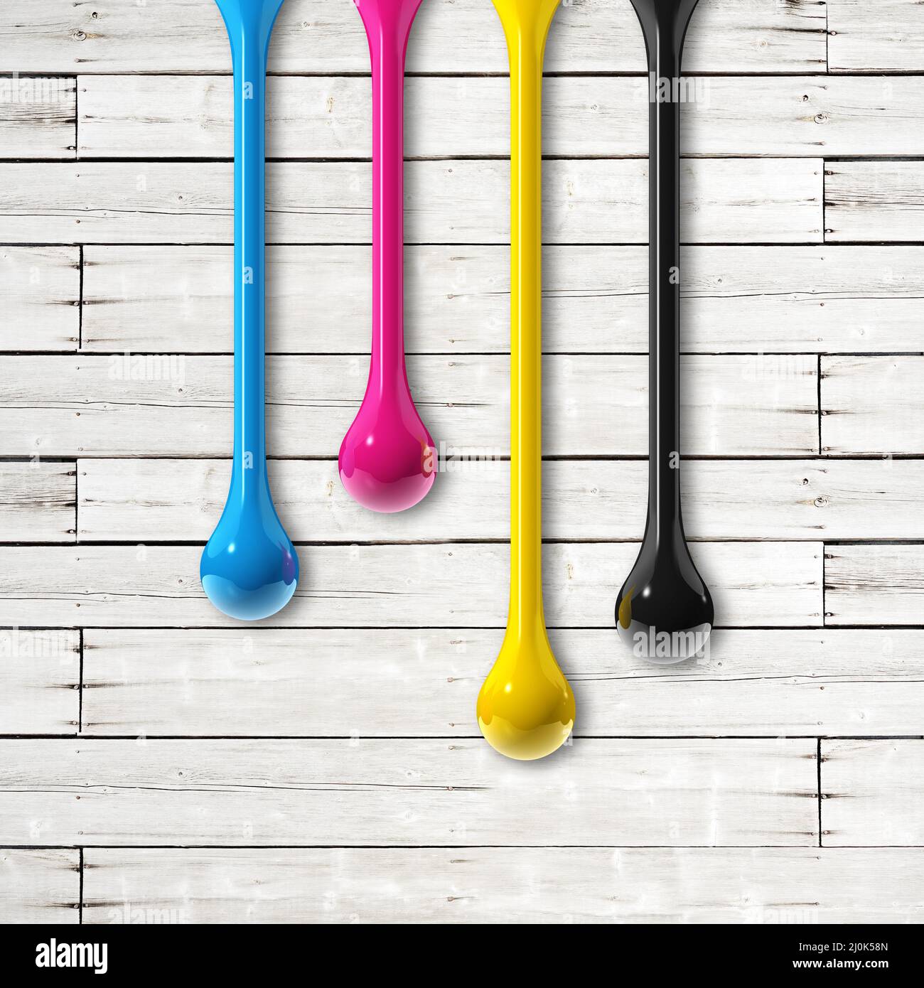 Cmyk ink drops on white wooden square background Stock Photo - Alamy