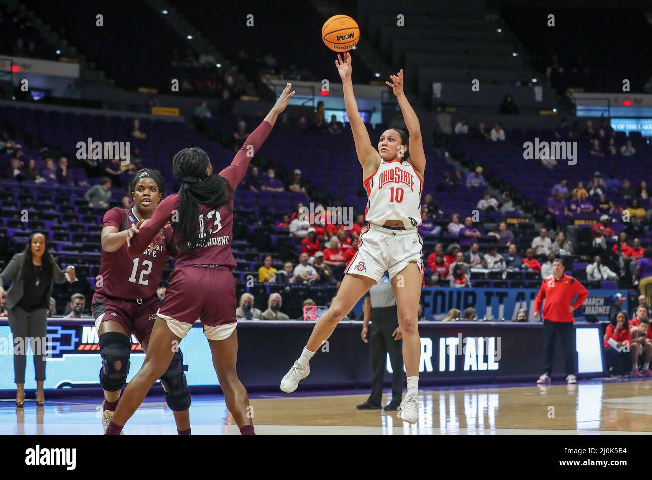 March 19, 2022: Ohio St. Braxtin Miller (10) puts up a shot over Missouri St. Jennifer Ezeh (12 ...