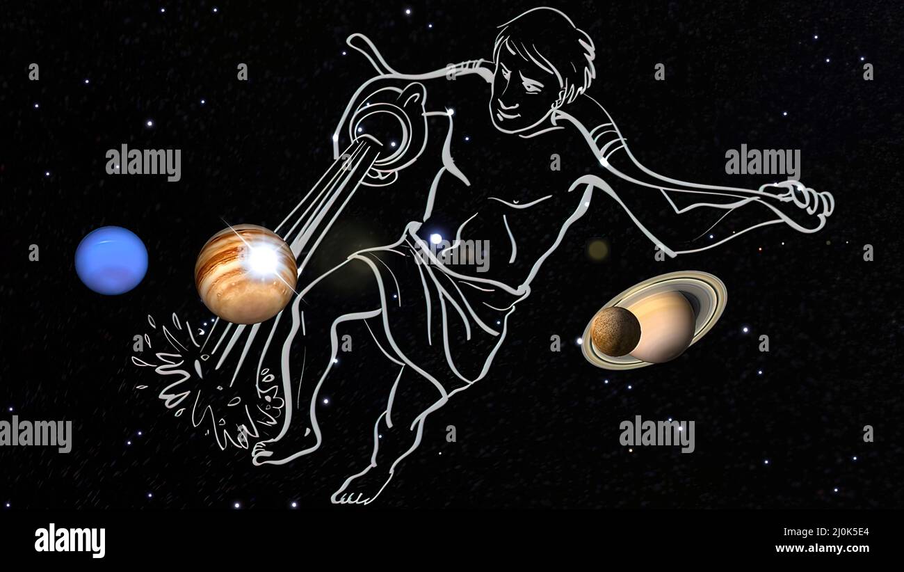 Illustration of an Aquarius over the constellation in the night sky ...