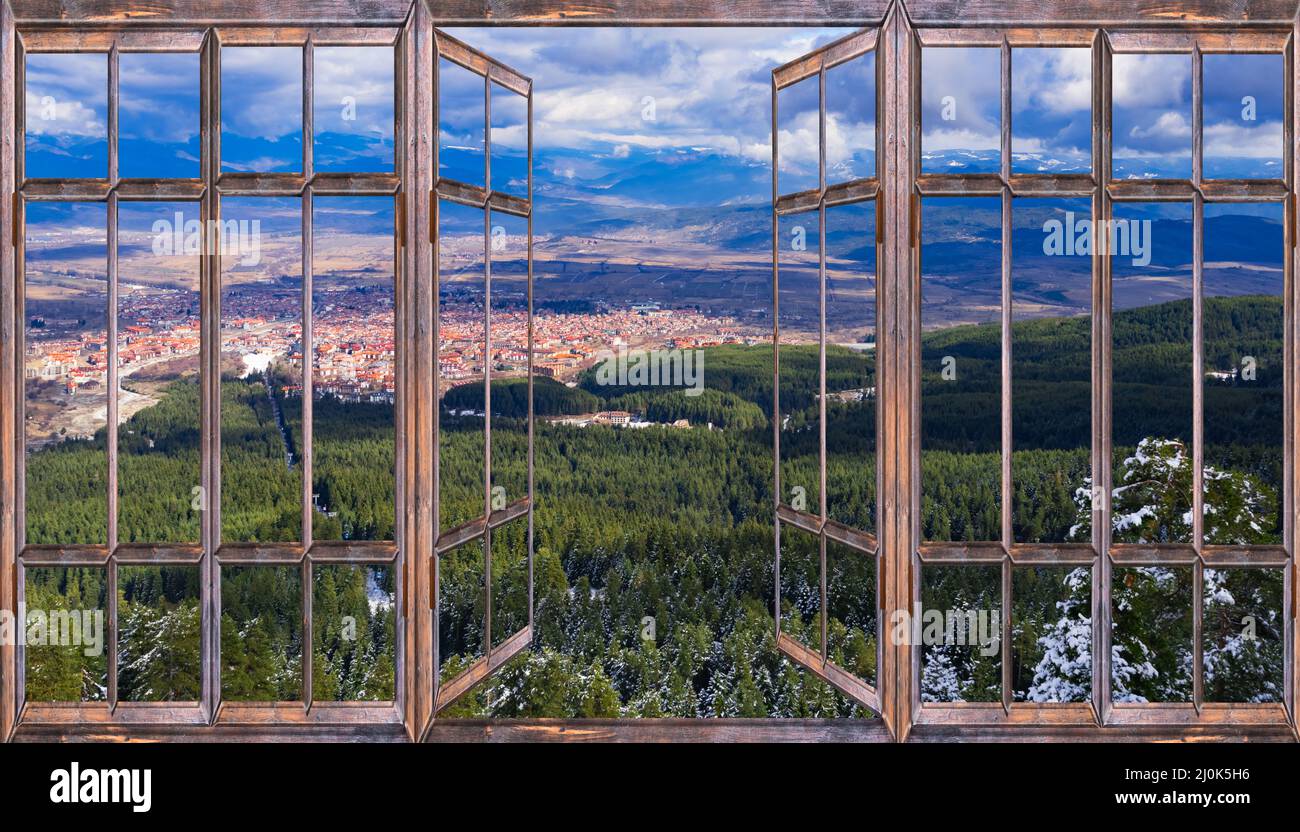 Nature landscape through a window with curtains Stock Photo - Alamy