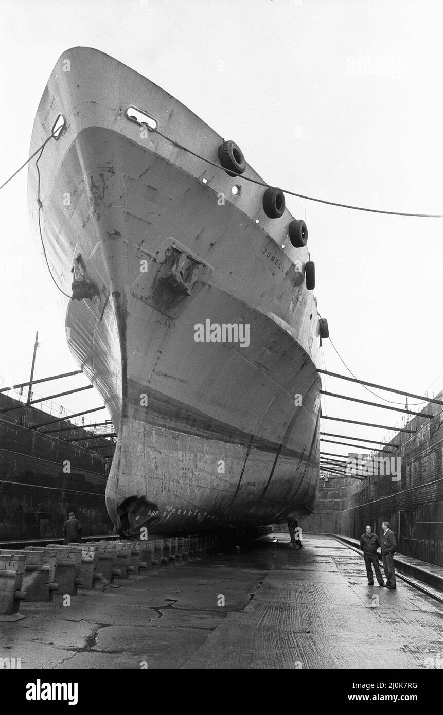 The Hull trawler Junella seen here in dry dock, Hull. Undergoing ...