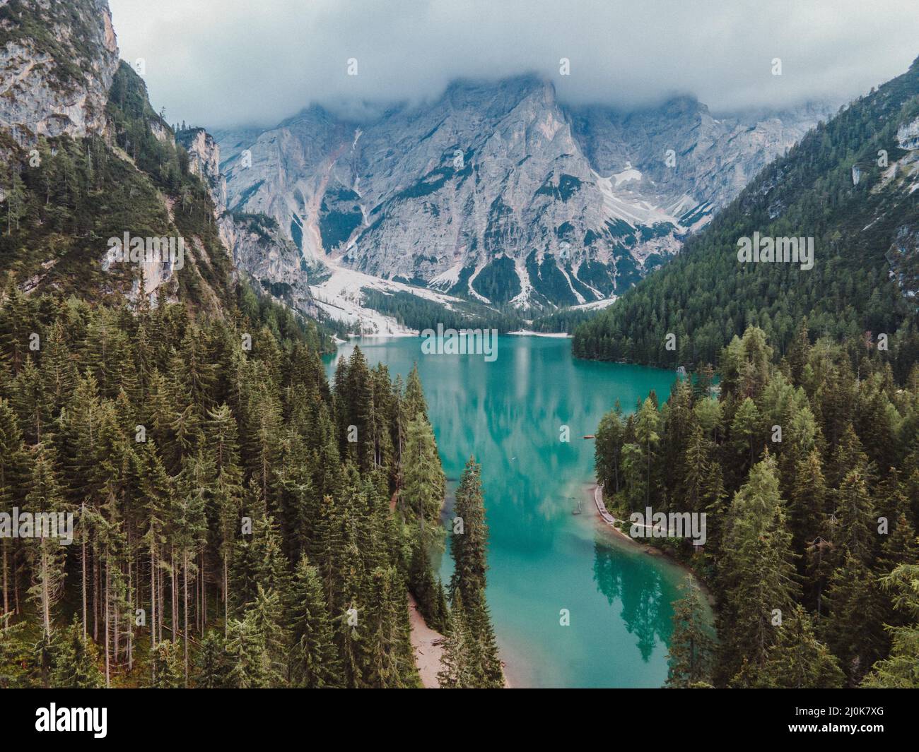 Beautiful landscape of Braies Lake Lago di Braies romantic place with ...