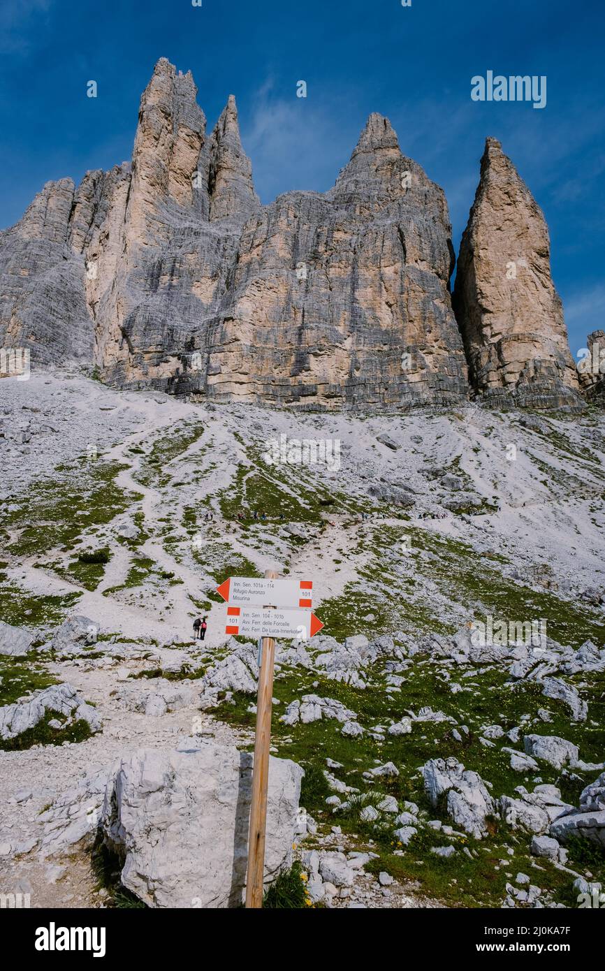 Tre Cime di Lavaredo peaks or Drei Zinnen at sunset, Dobbiaco -Toblach ...