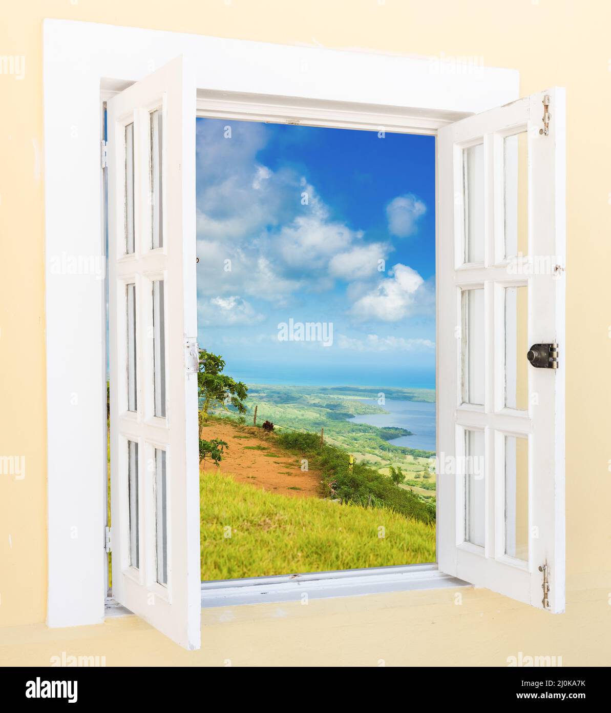 Wooden open window overlooking the tropics Stock Photo - Alamy