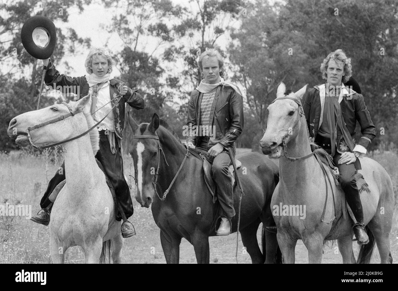 The Police, pop/rock group, pictured on horses. Left is guitarist Andy ...