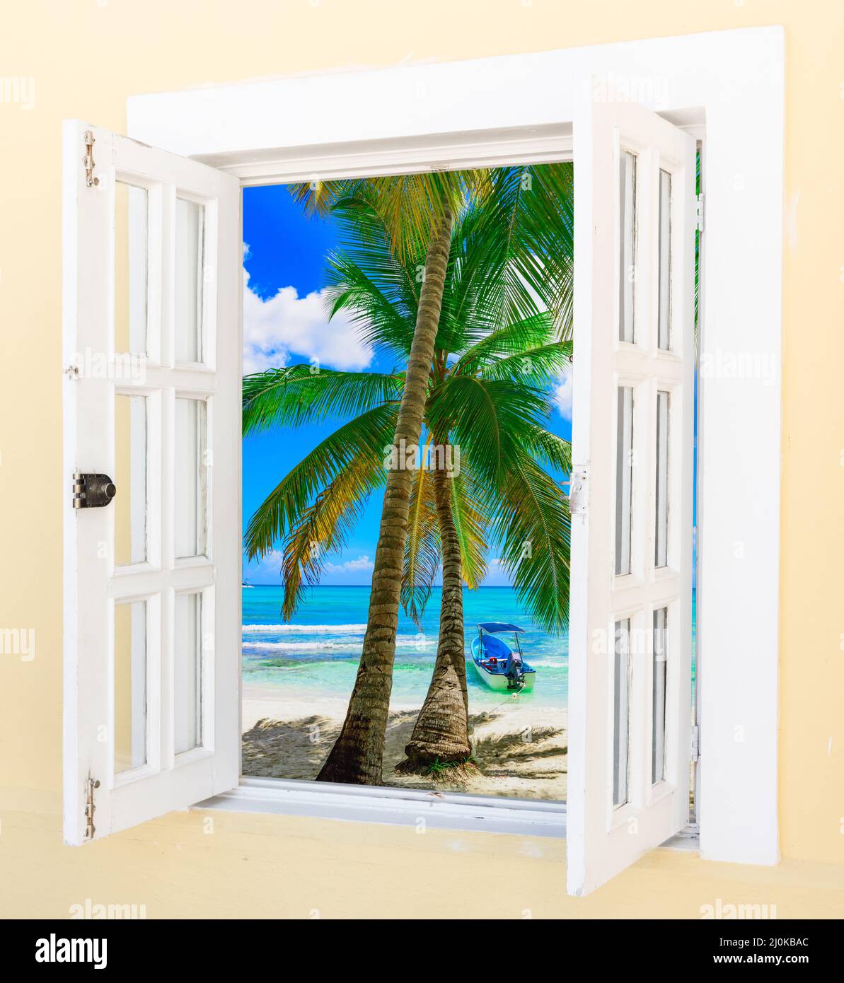 Wooden open window overlooking the tropics Stock Photo - Alamy