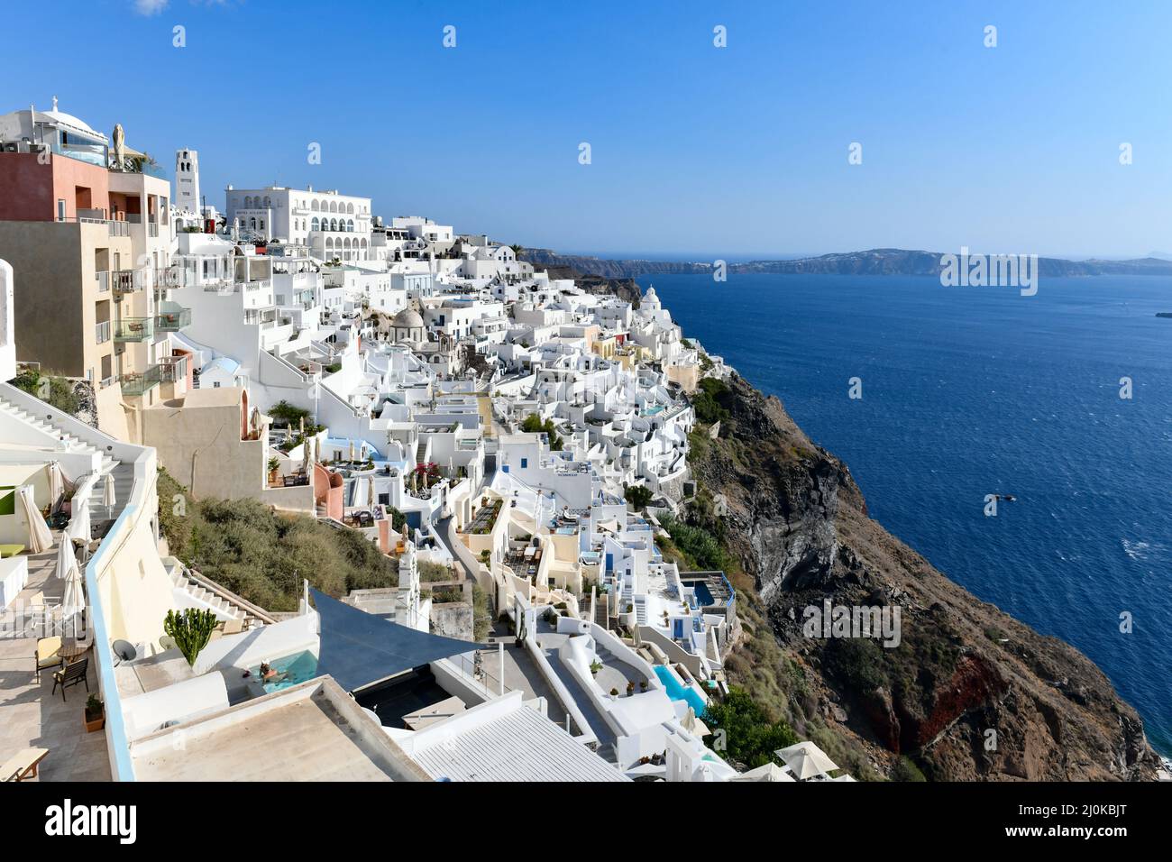 Charming view Fira village on Santorini island, Greece. Traditional ...