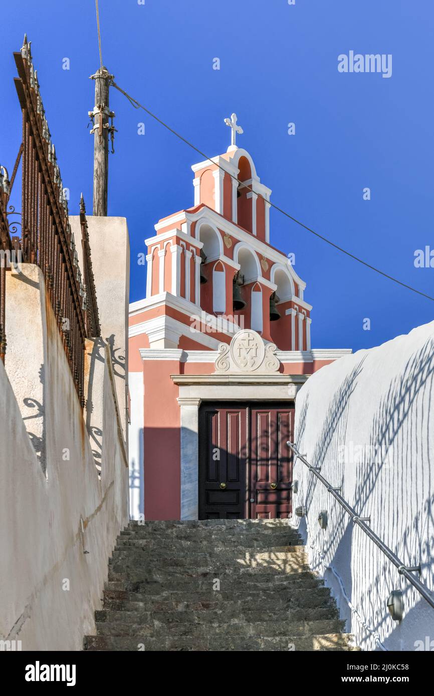 Bell tower of the Catholic Monastery of Dominican Nuns at Fira City in ...