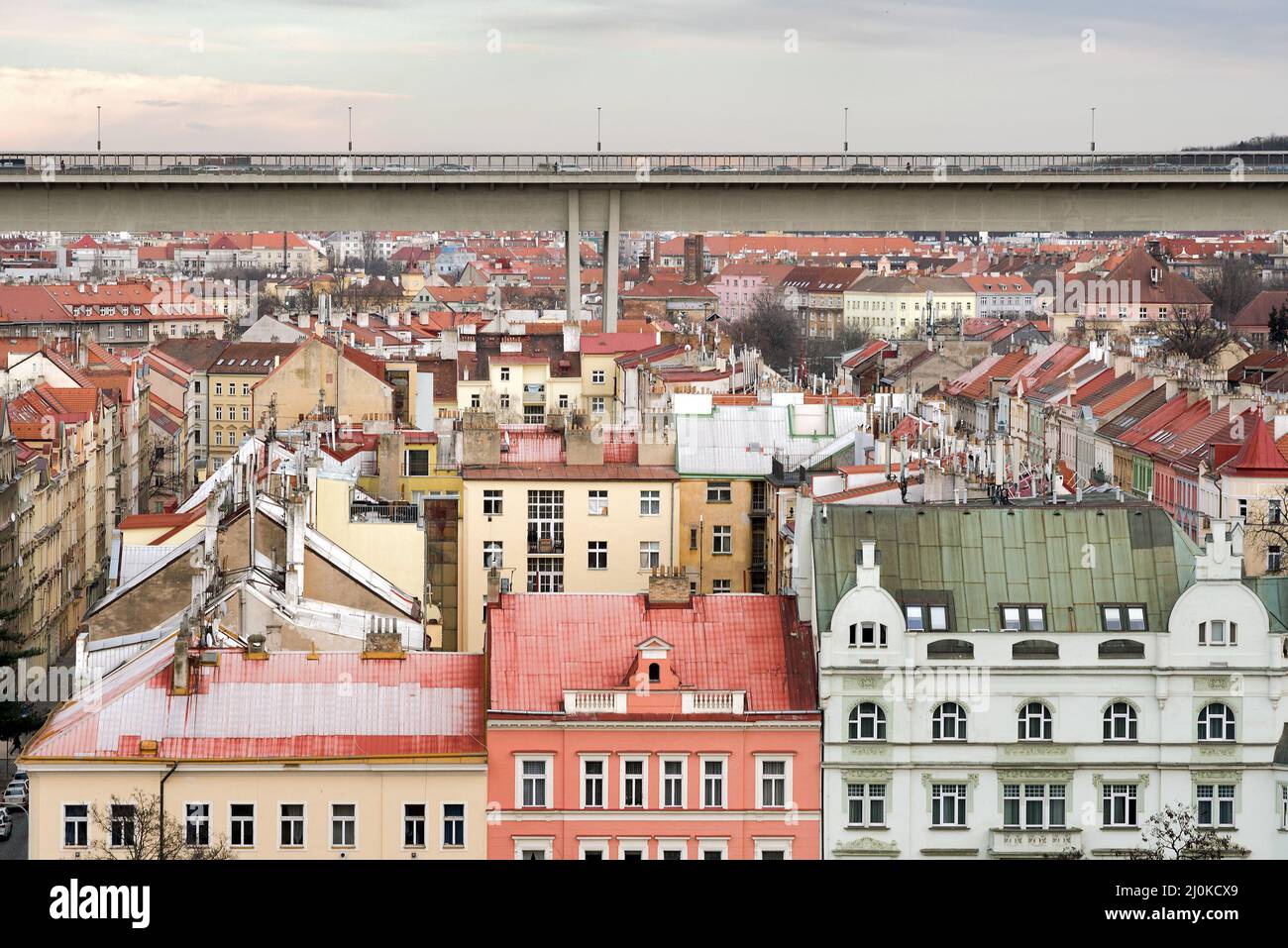 Overhead road above old buildings in Prague Stock Photo - Alamy