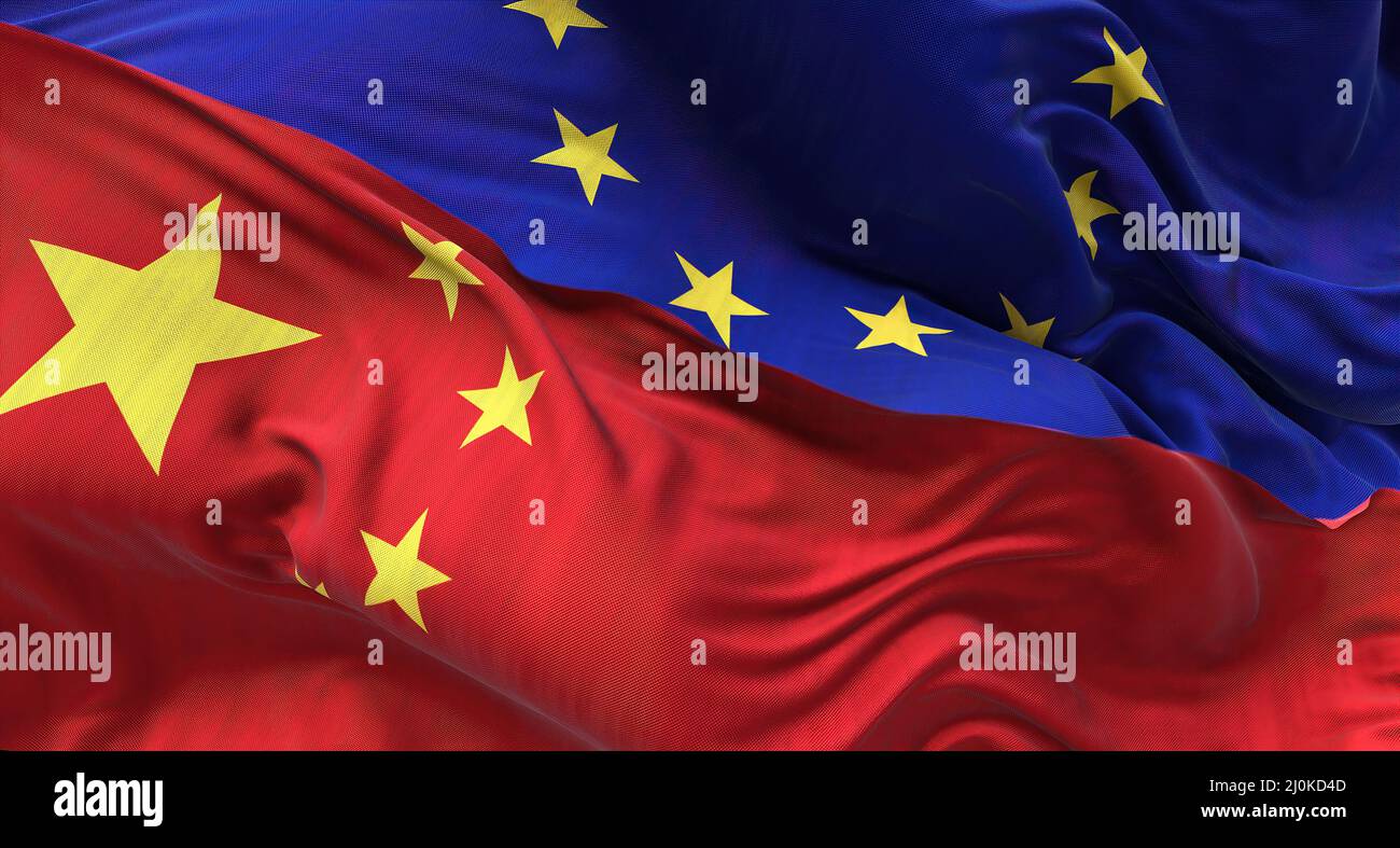 The flags of China and the European Union waving Stock Photo - Alamy