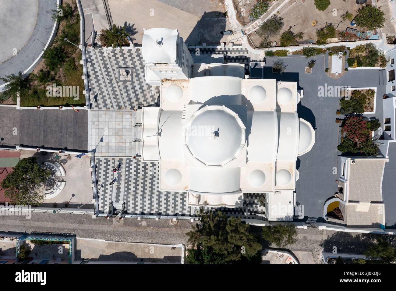 Aerial view of The Holy Church of Panagia Mesani in Emporio, Santorini ...
