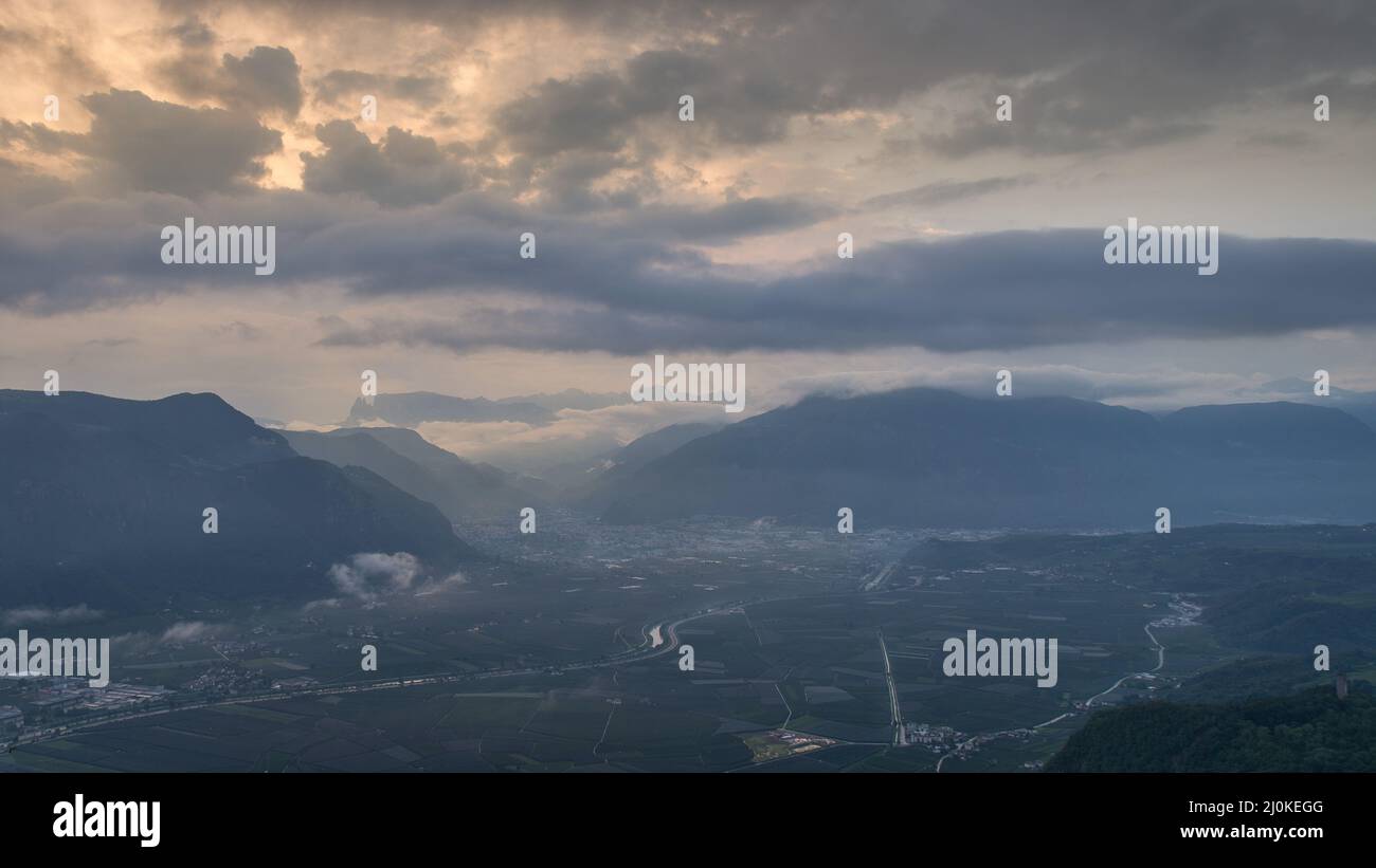 Horizontal scenic landscape of green mountains and cultivated lands ...
