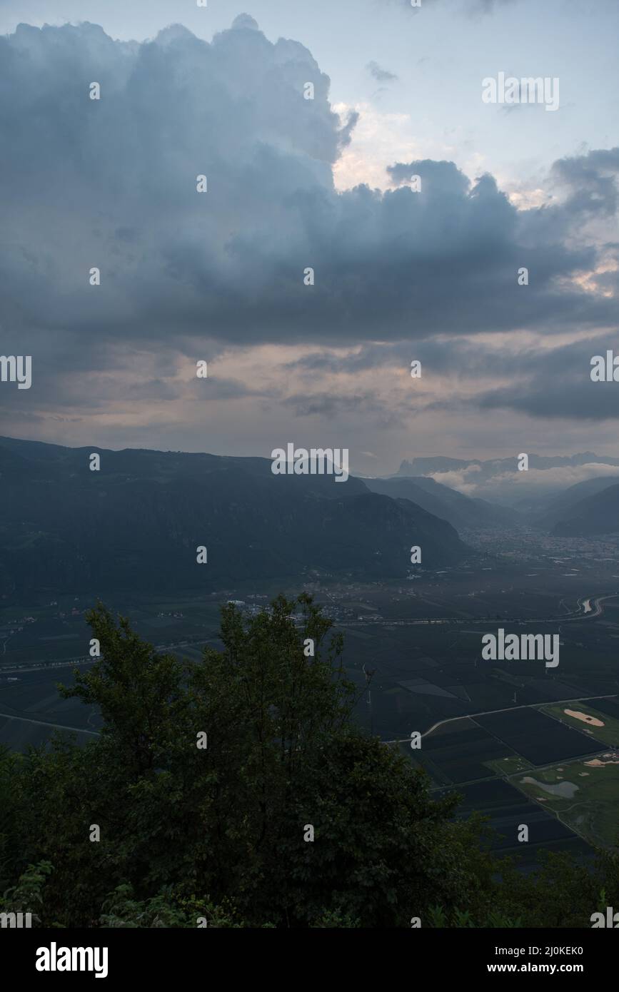 Vertical scenic landscape of green mountains and cultivated lands under ...