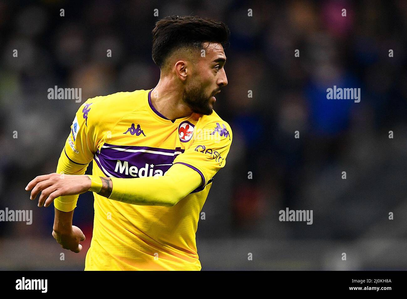 Milan, Italy. 19 March 2022. Nicolas Gonzalez of ACF Fiorentina looks ...