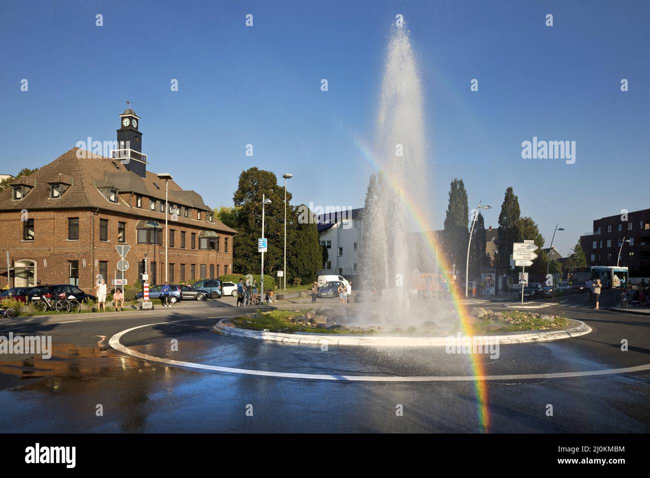 Monheim Geyser in the roundabout with rainbow, Monheim am Rhein ...