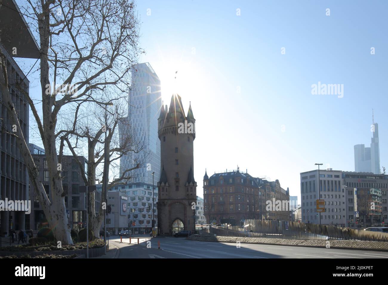Eschenheim Tower with Nextower in the back light, Frankfurt, Hesse ...