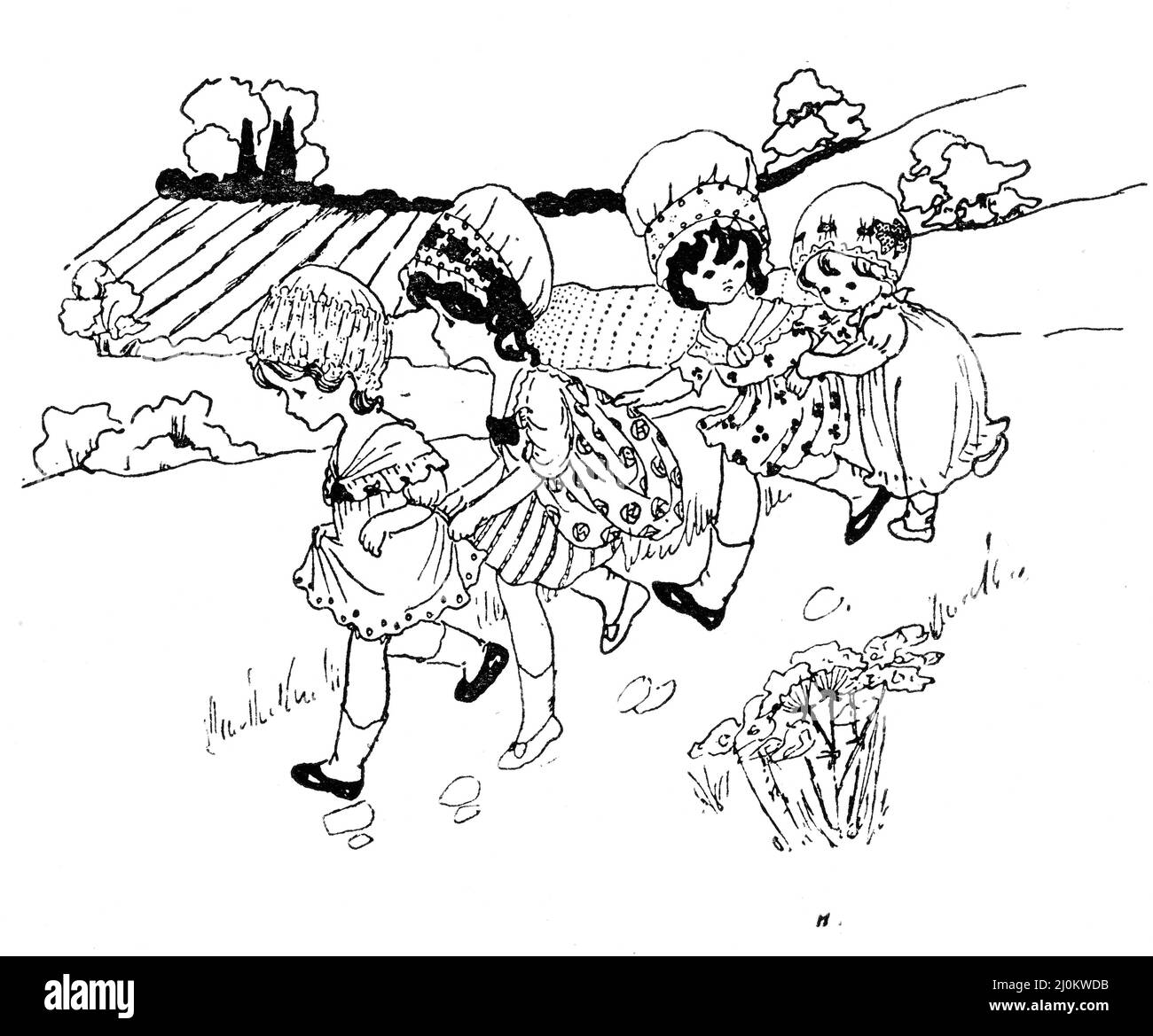 Illustration of a group of little girls rambling in the countryside ...