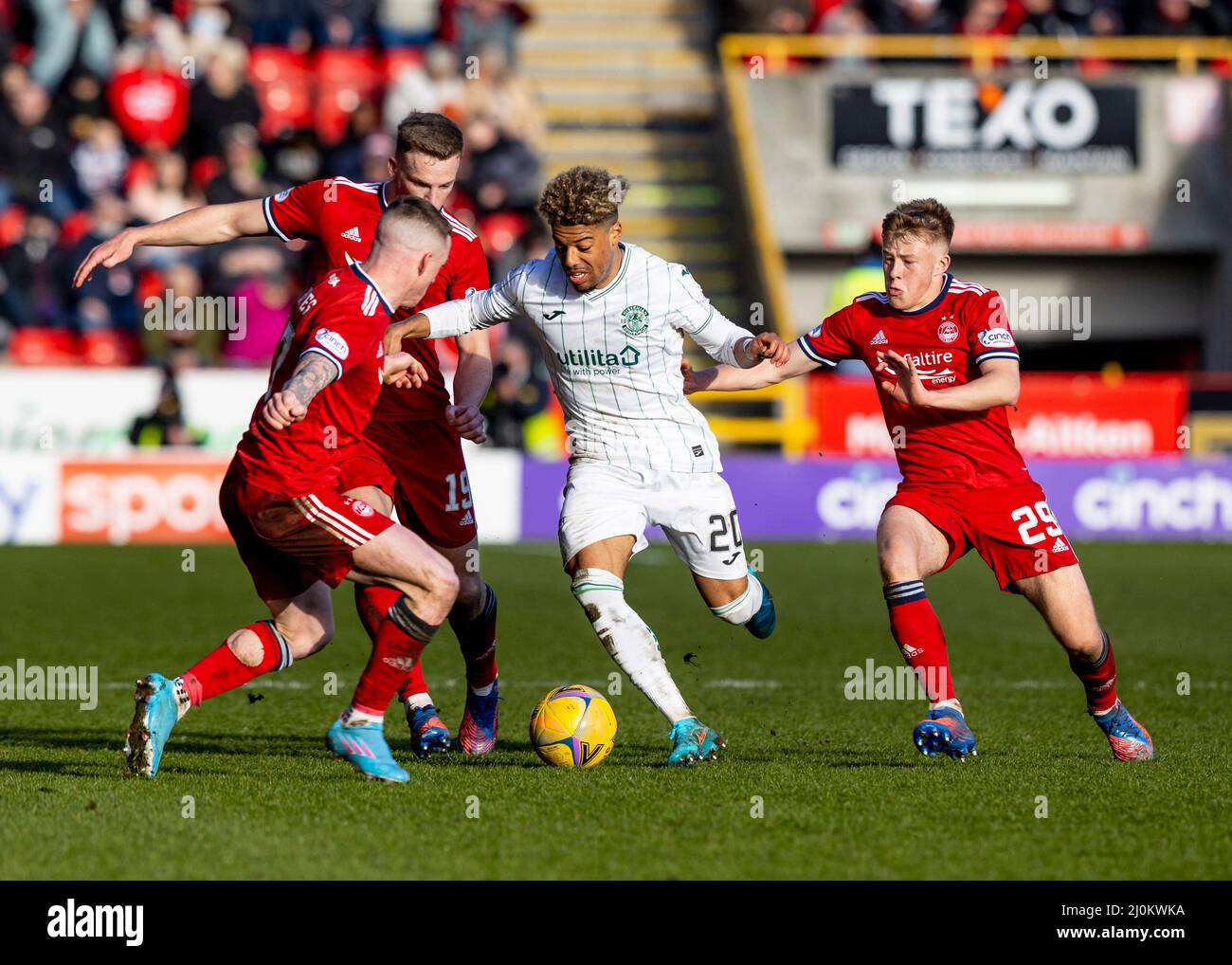 Aberdeen, UK. 19th Mar, 2022. Sylvester Jasper of Hibernian is ...