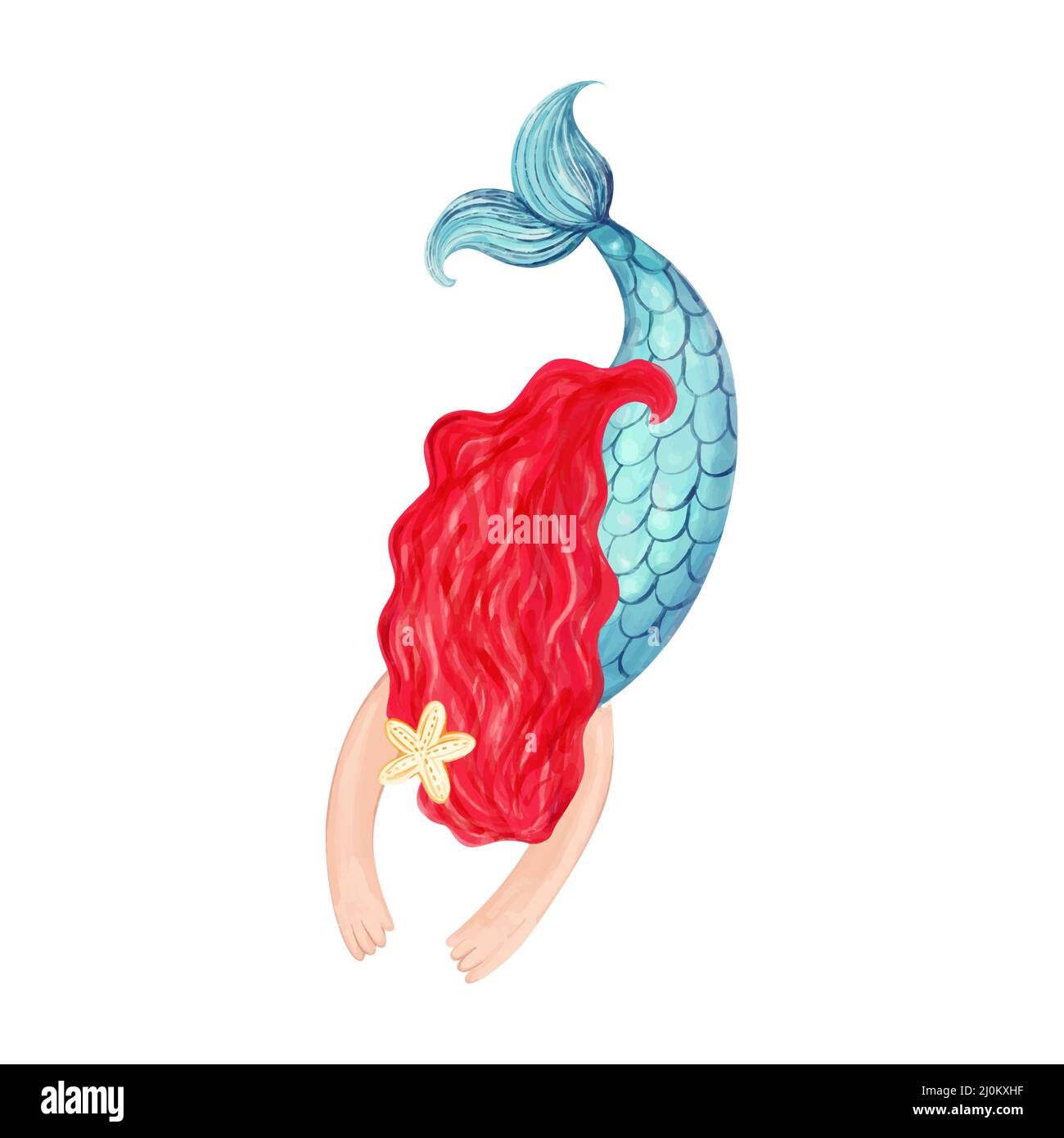 Mermaid with red hair on a white background. Hand-drawn watercolor ...