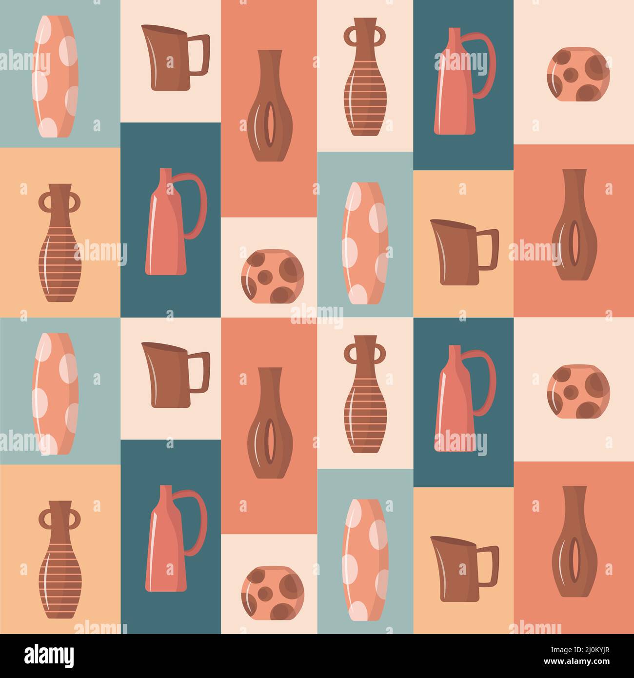 Seamless pattern with clay vases on a colored background. Vector ...