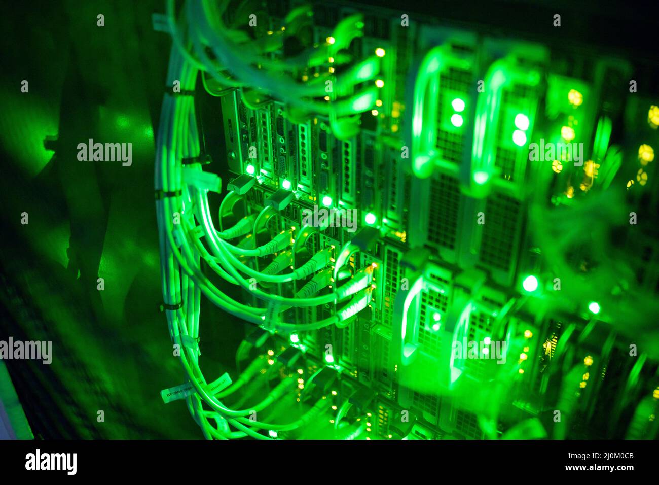 Closeup of computer server with colorful lights and wires Stock Photo ...