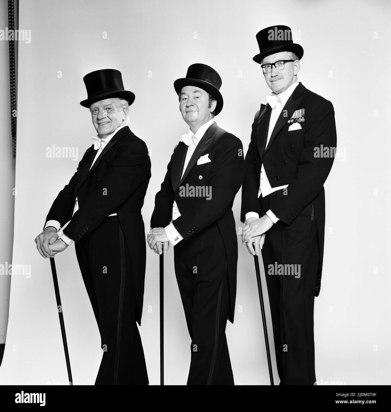 'Last of the Summer Wine' actors in top hats and tails. L-R Bill Owen ...