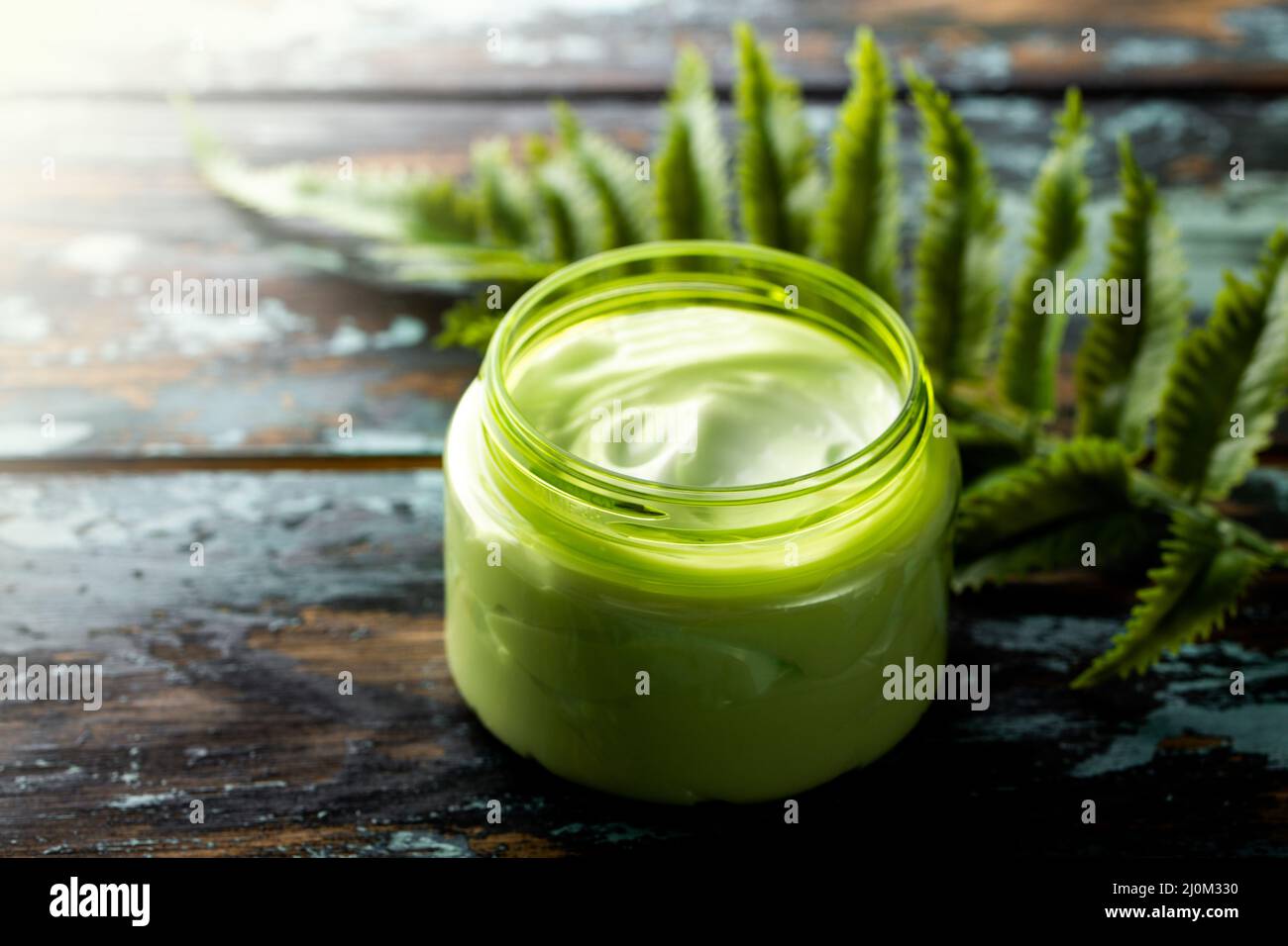 Cosmetic cream in container with green leaf Stock Photo - Alamy