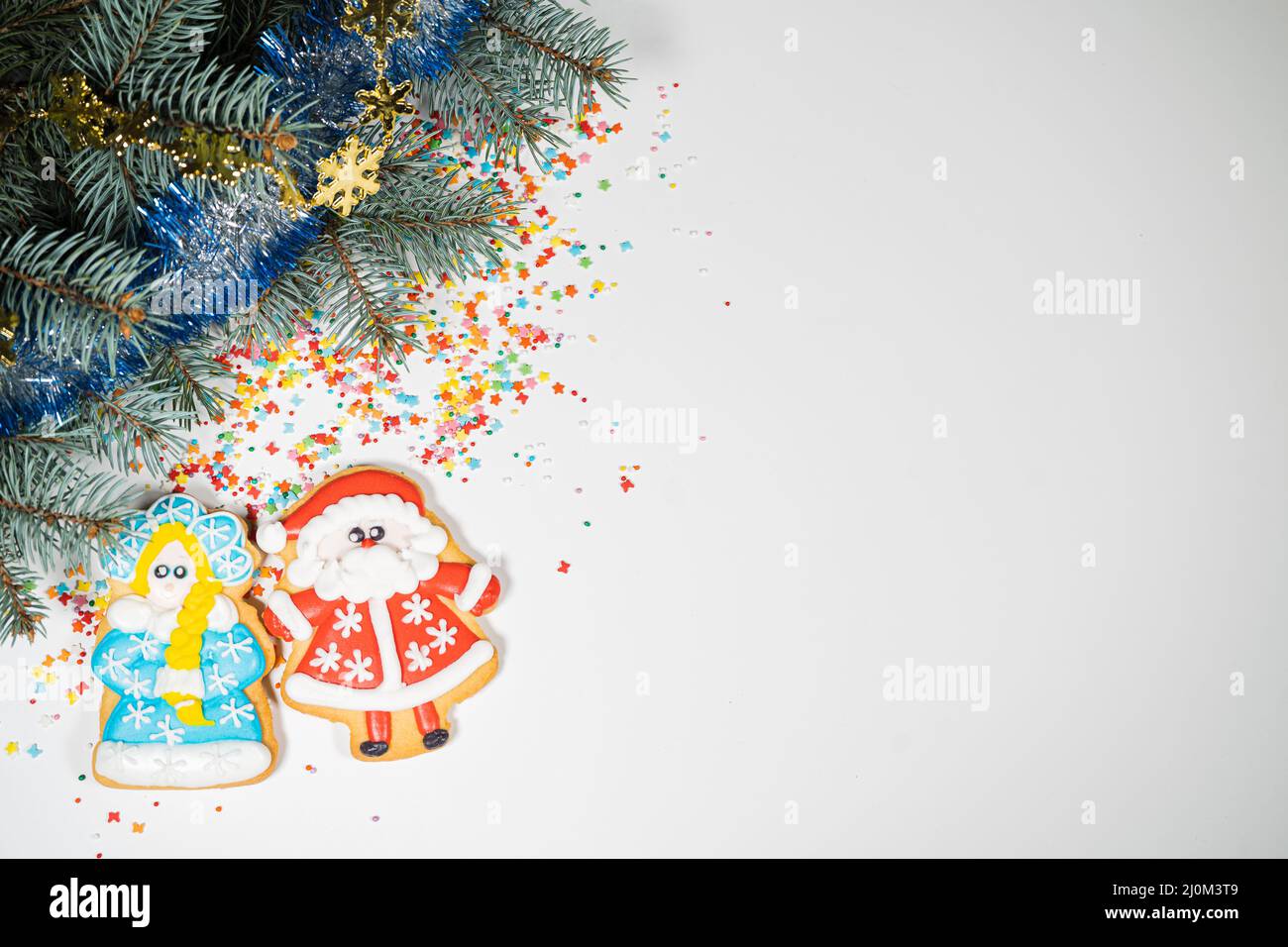 Christmas background with gift and gingerbread . Holiday mood card. Top ...