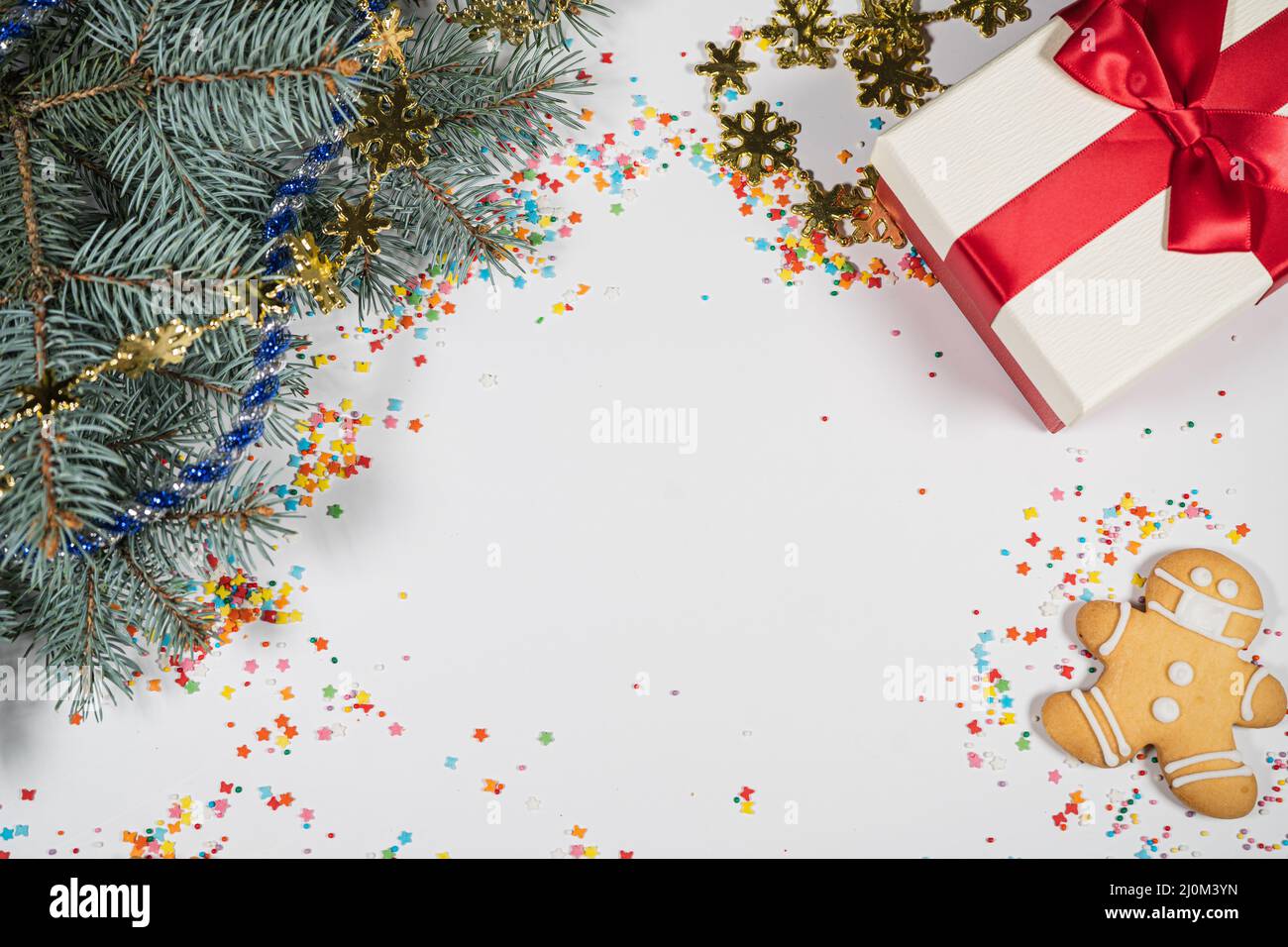 Christmas background with gift and gingerbread . Holiday mood card. Top ...