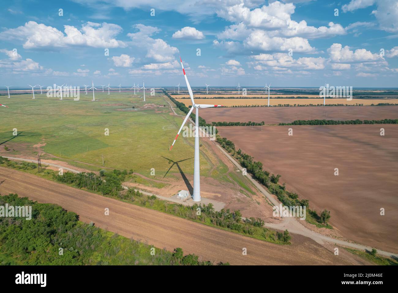 Aerial view of Wind power turbine is a popular sustainable, renewable ...