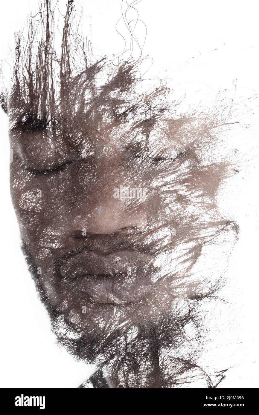 A portrait of a young man combined with black ink lines. Paintography ...