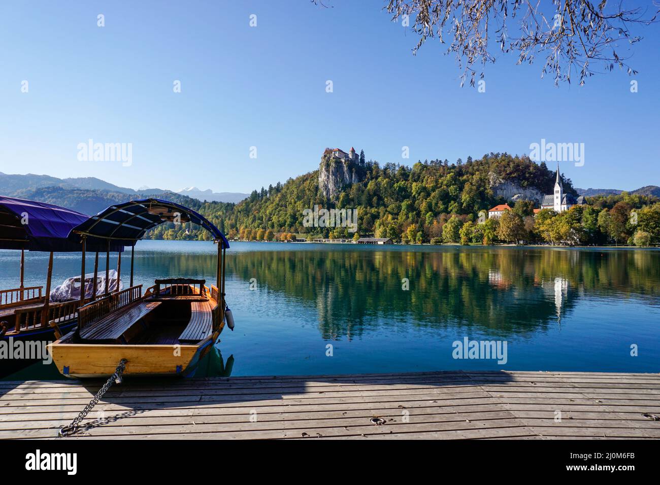 View of Lake Bled with the Bled Castle and village in autumn Stock ...