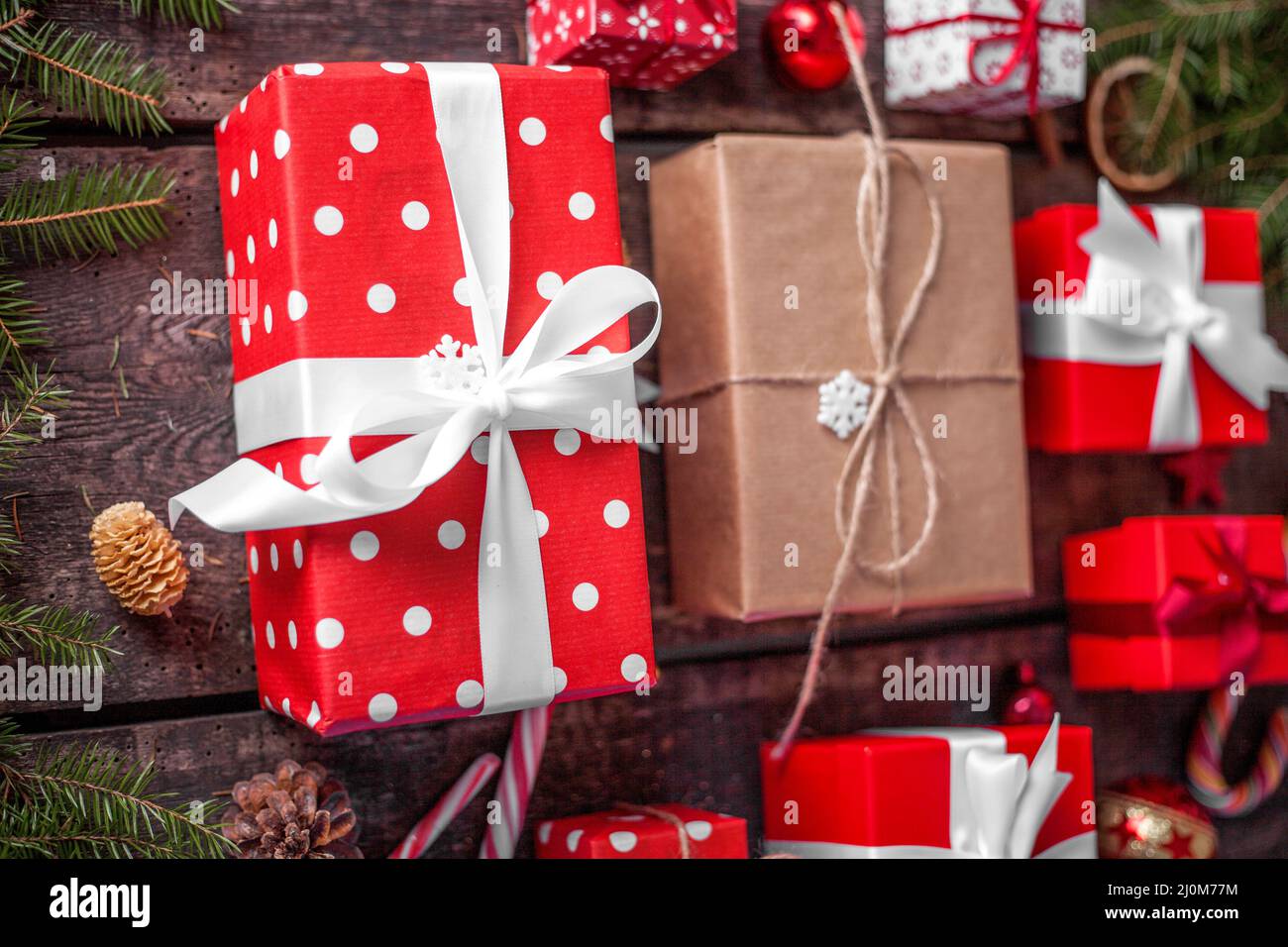 Handmade wrapped christmas gift boxes on celebrate background Stock ...