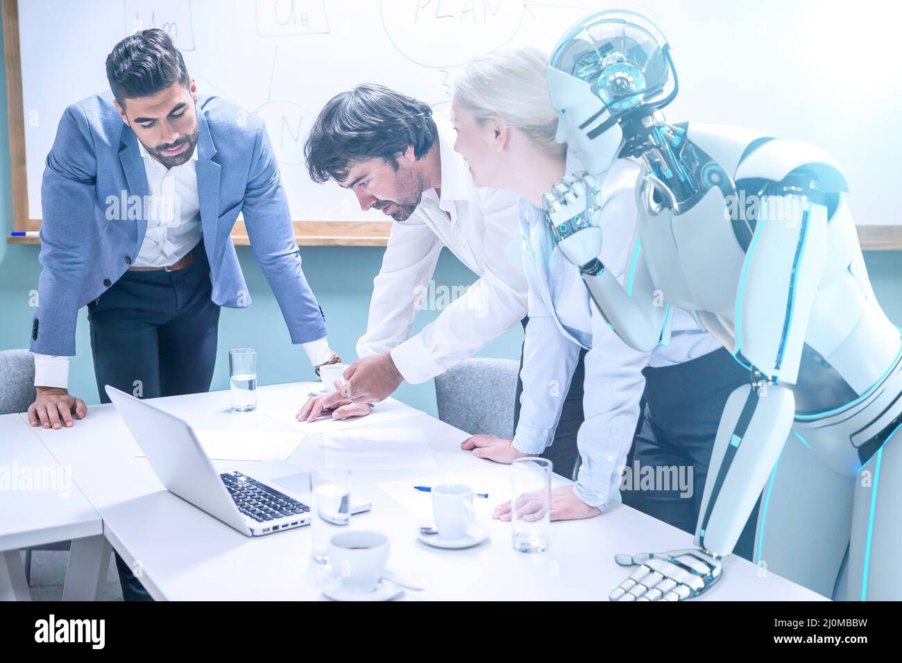 Businessmen with humanoid robot working Stock Photo - Alamy