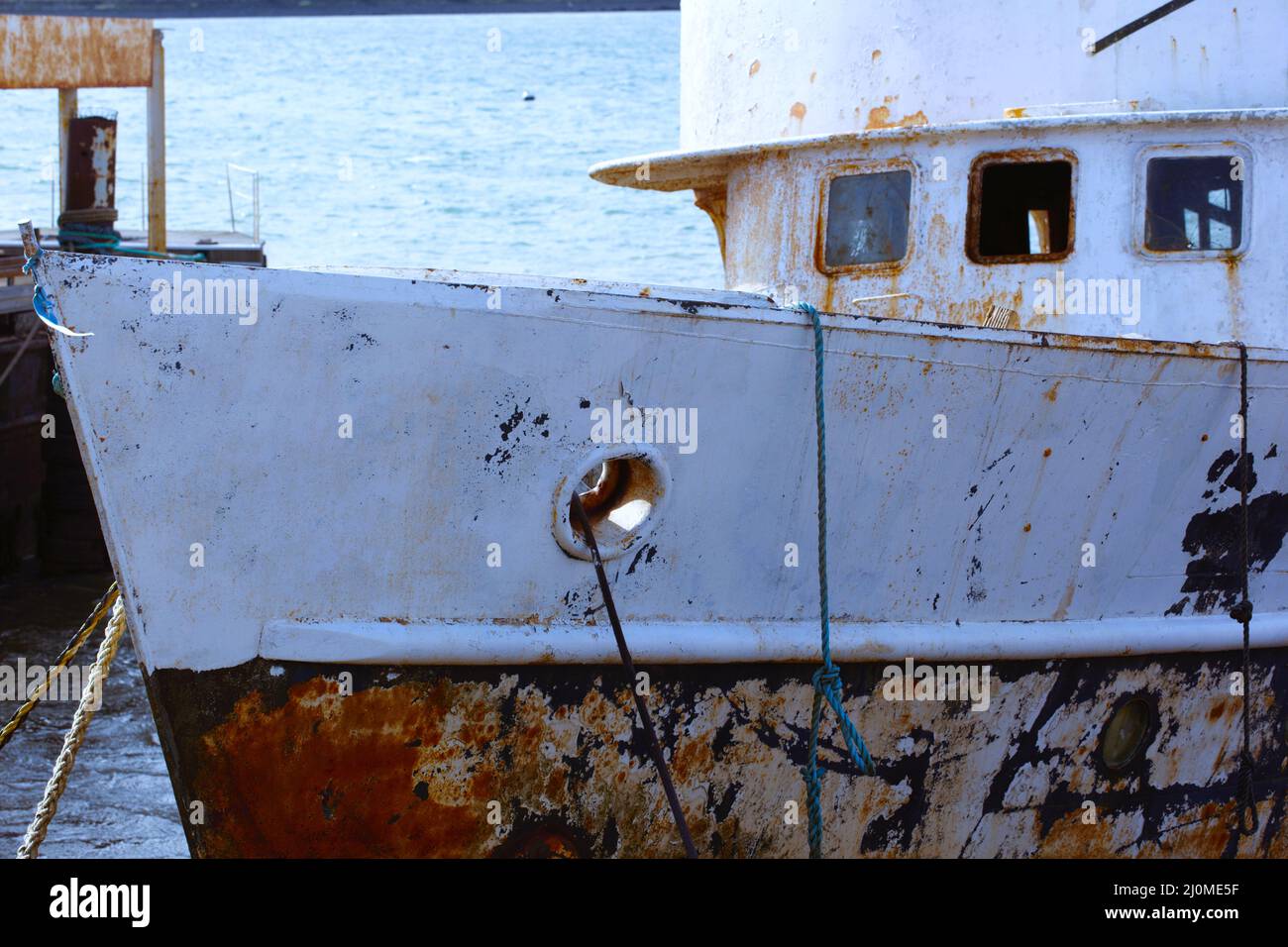Close-up of the recently raised former luxury yacht, Llys Helig moored ...