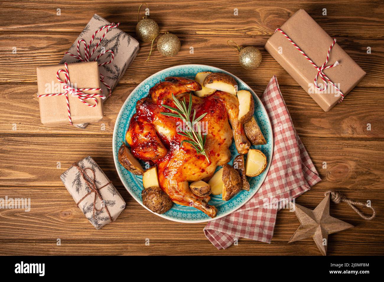 Christmas meal with roasted chicken top view Stock Photo - Alamy