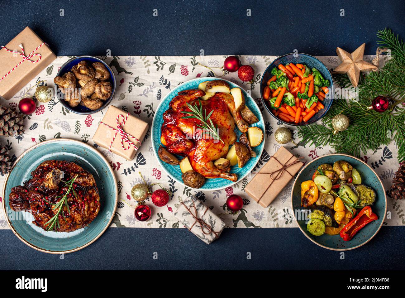 Christmas table top view with food and presents Stock Photo - Alamy