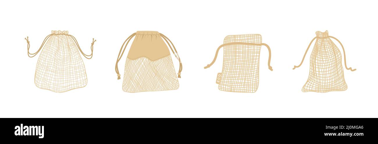 Set of mesh eco bags isolated on white background. Natural and ...