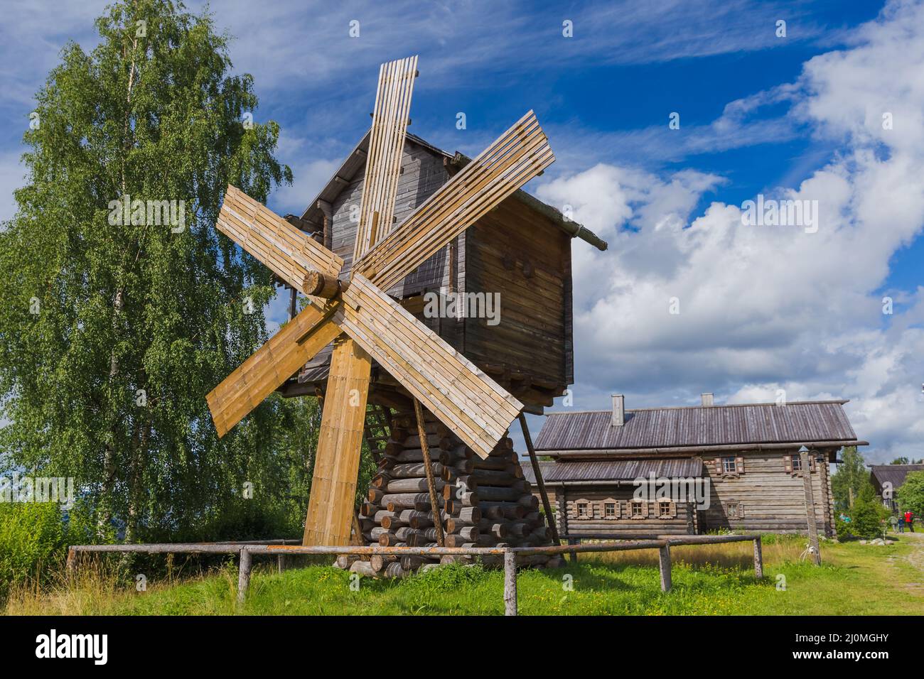 Wooden windmill in the village of Mandrogi Russia Stock Photo - Alamy