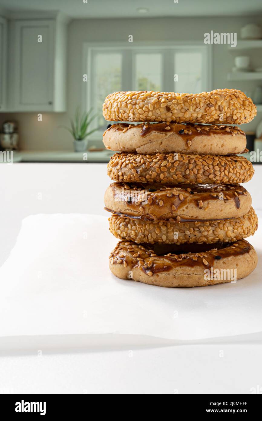 Stack of Kandil Simidi (Turkish Bagel) front of the kitchen window ...